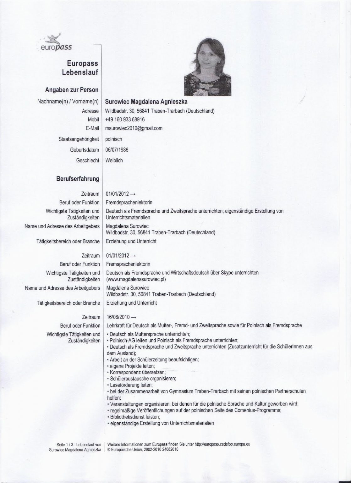 Europäische Lebenslauf Deutsch aspekte Der Germanistik" Europass Lebenslauf | lebenslauf